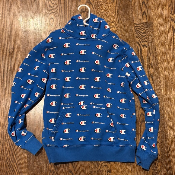 Champion | Shirts & Tops | Champion Allover Logo Blue Hoodie | Poshmark